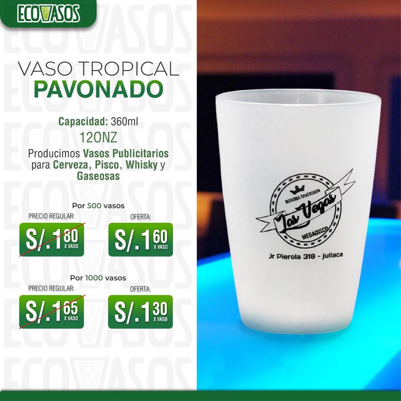 Vaso Tropical Pavonado 12oz - Ecovasos Perú